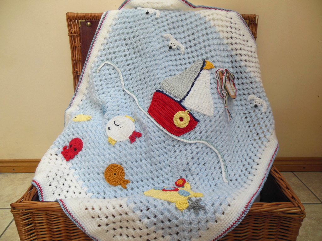 Unique Baby Blanket with Crochet Sailboat Sealife Design