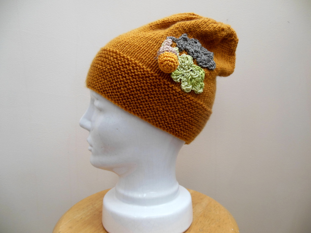 Hand Knit Hat With Acorn and Oak Leaf Design - NitCraft